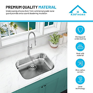 KBFmore 23 Inch Single Bowl ADA Compliant Stainless Steel Kitchen Sink, Rust Resistant Sound and Heatproof Shallow Drain 18 Gauge Undermount Sink with Sink Strainer and Removable Garbage Basket