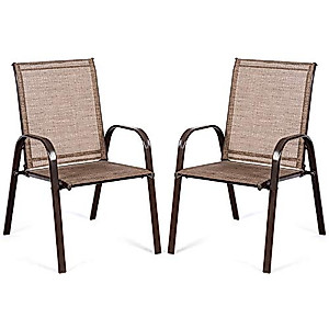 Giantex 2 Piece Patio Chairs, Outdoor Camping Chairs with Breathable Fabric, Set of 2 Garden Chairs with Armrest High Backrest for Garden Patio Pool Beach Yard Space Saving (1, Brown)