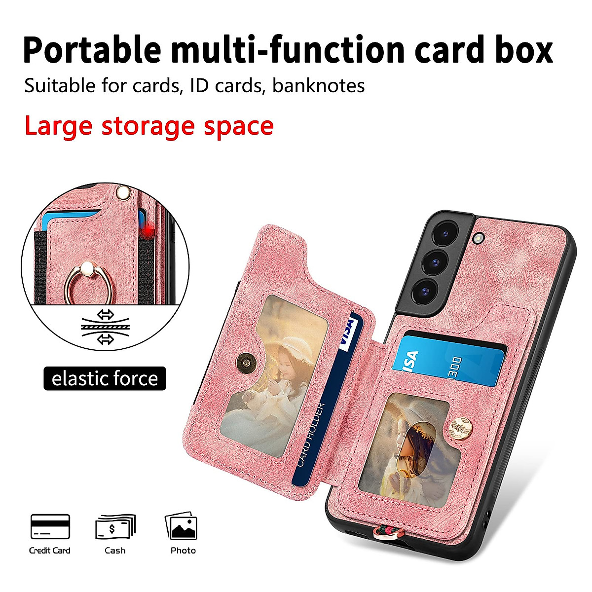 Phone Case for Samsung Galaxy S22 Plus S22+ 5G Wallet Cover with Screen Protector and Wrist Strap Lanyard RFID Credit Card Holder Ring Stand Cell Accessories S22+5G S22plus 22S + S 22 22+ Women Pink