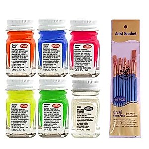 Testors Fluorescent Enamel Paint Variety, Orange, Yellow, Blue, Pink, Green, and Thinner 1/4 oz (Pack of 11) - with Make Your Day Paintbrushes
