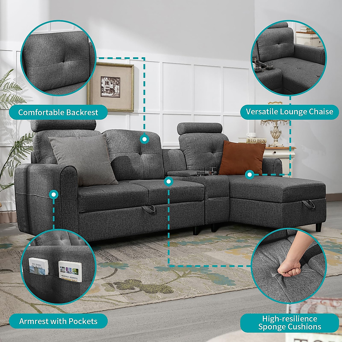 BALUS 88" W Reversible Living Room Sofa, Convertible L-Shaped Combination Sofa with Upholstery, Recliner with Storage, Modern Combination Sofa, belfin Combination Combination Sofa (Dark Grey)