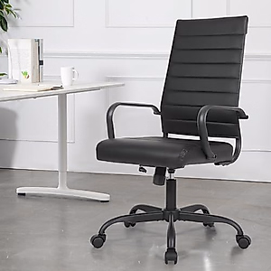 LANDSUN Home Office Chair High Back Executive Chair Ribbed Leather Computer Desk Chair with Armrests Soft Pad Adjustable Height Swivel Conference Black Frame