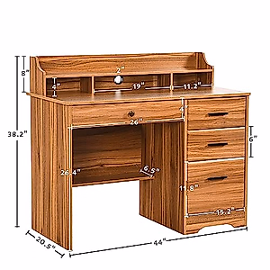 Computer Desk with 4 Drawers and Storage, Small Office Desk with File Drawers and Hutch, Farmhouse Wood Writing Student Table for Home Office, Bedroom, Rustic Brown