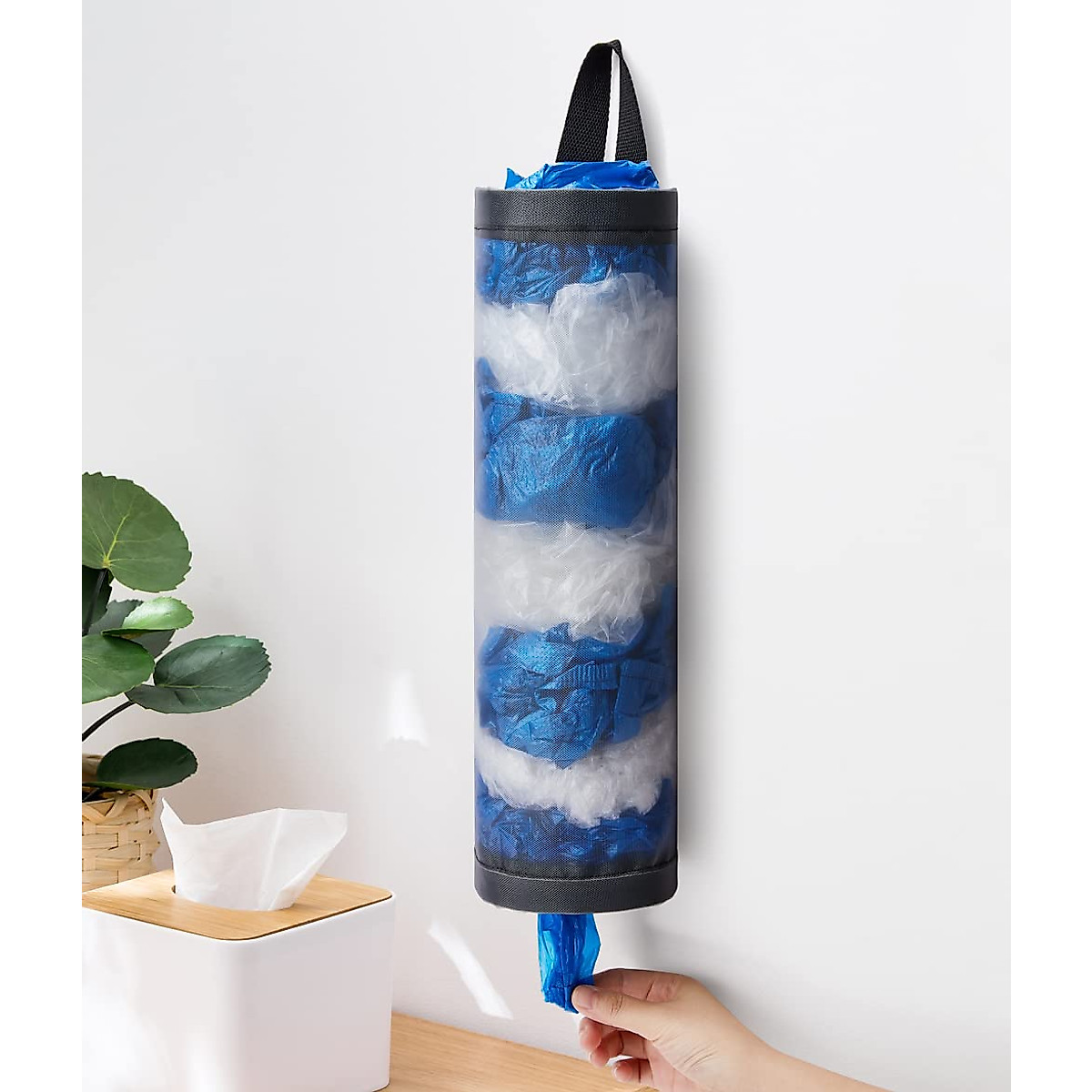 LINEVI Bag Holder for Plastic Bags, 4 Pcs Polyester Grocery Bag Holder Plastic Dispenser Foldable Breathable Washable Hanging Mesh Garbage Bag Organizer for Kitchen Plastic Bag Storage