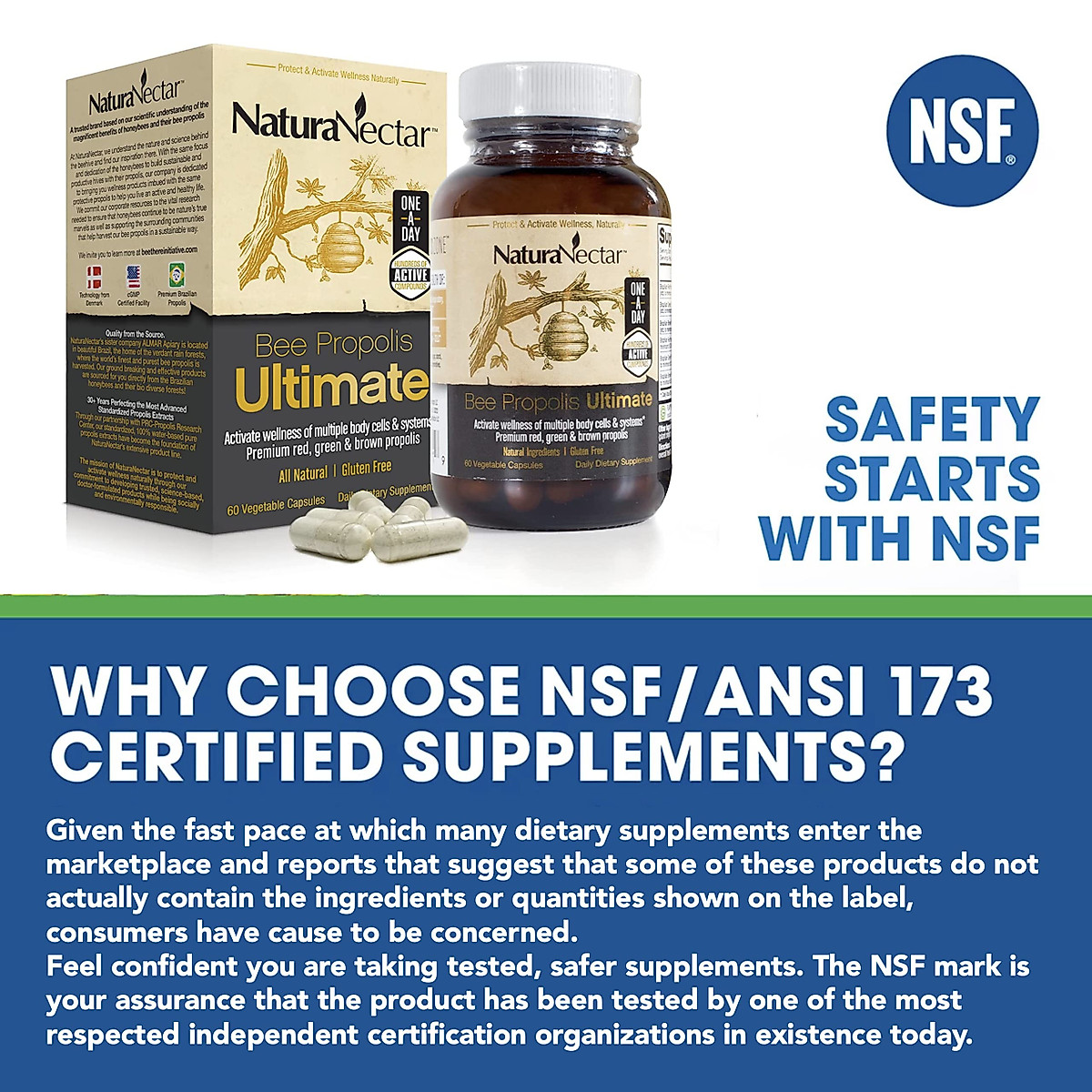 NaturaNectar Ultimate Bee Propolis | NSF Contents Certified | Premium Red, Green, Brown Brazilian Propolis | with Flavonoids and PWE | Ethical Beekeeping & Naturally Sourced | 60 veggie capsules