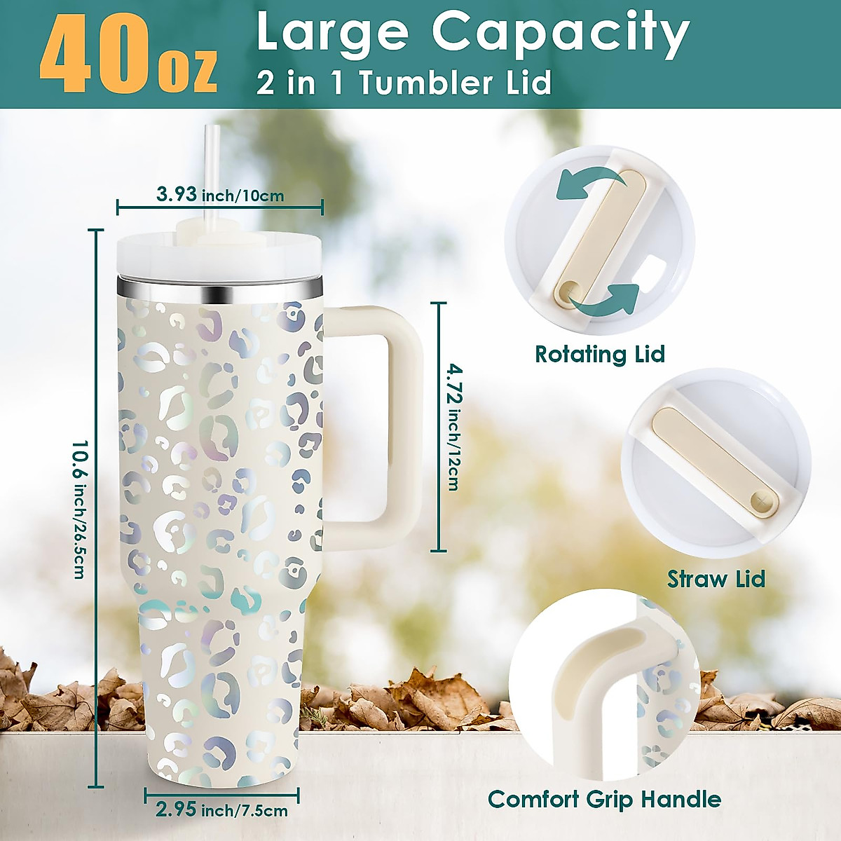 PIMDIR 40oz Leopard Tumbler with Handle Straw Lid, Stainless Steel Vacuum Insulated Reusable Travel Mug Keep Drinks Cold Ice Gym Cup, Gifts for Women Lovers, Car Holder Friendly, White