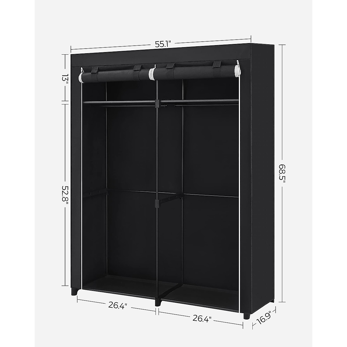 SONGMICS Closet Wardrobe, Portable Closet for Bedroom, Clothes Rail with Non-Woven Fabric Cover, Clothes Storage Organizer, 55.1 x 16.9 x 68.5 Inches, Black URYG02BK