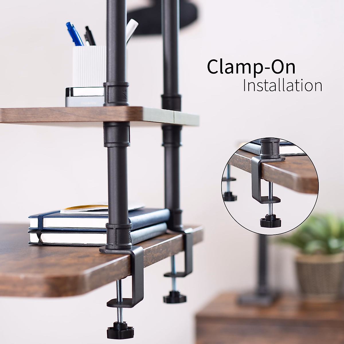 VIVO Clamp-on Premium 16 inch Industrial Pipe 2-Tier Tabletop Shelving, Heavy Duty Desk Extension Organizer, Modern Desktop Display Shelf, Rustic Vintage Brown Shelves, DESK-SHELF16-2N