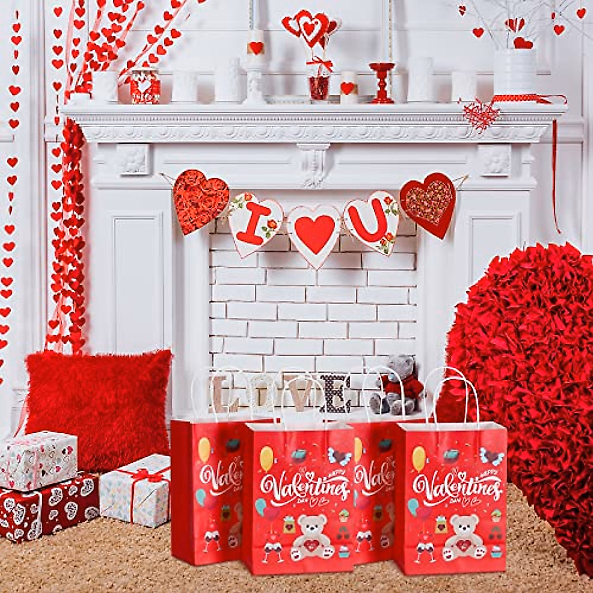Sherr 100 Pieces Valentine's Day Paper Gift Bags Elegant Coated Paper Wrapping Bags Cardboard Bags Love Candy Present Bags with Handle for Wedding and Valentine Party Favors Gift Giving Gift Wrapping