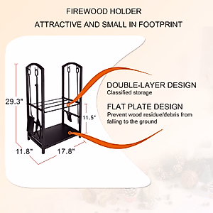 Babylon Fireplace Tools Log Rack Set with 4 Piece Tools Wrought Iron Black Fireplace Tools Firewood Holder Carrier Storage Rack with Brush Shovel Poker Tongs for Indoor Outdoor