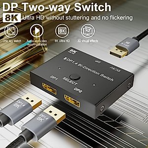 DisplayPort Switch 8K Bidirectional Splitter 2 in 1 Out/1 in 2 Out DP 1.4 Switcher Supports 8K@30Hz, 4K@120Hz, 4K@60Hz for 2 Computers 1 Monitor ConnBull®