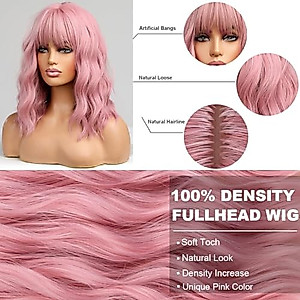 BERON 14 Inches Pink Wig for Women Girls Short Curly Synthetic Wig with Bangs Lovely Pink
