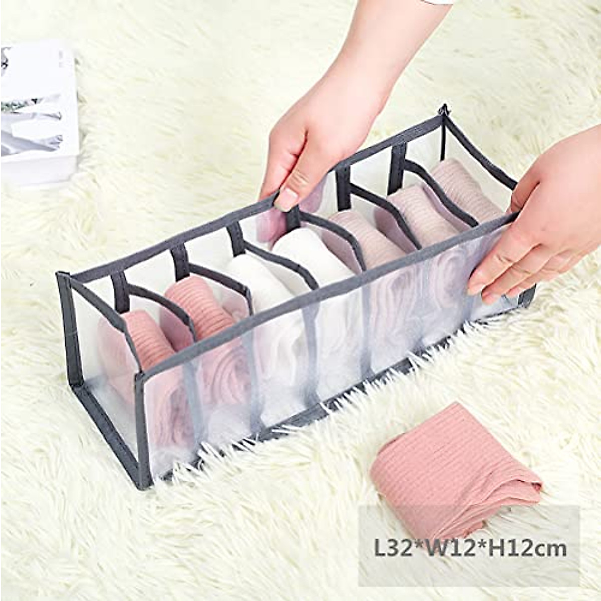 6PCS Drawer Organizer underwear Closet Divider Women (2 X 6,7 and 11 grids) for Clothes Storage Organization, Dresser, Drawer and Closet Organizers for: Underwear, Bra, Sock, & More, Gray (PSL-S13)