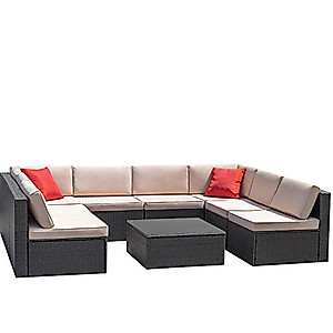 Devoko 9 Pieces Outdoor Sectional Sofa All-Weather Patio Furniture Sets Manual Weaving Wicker Rattan Patio Conversation Sets with Cushion and Glass Table (Brown)