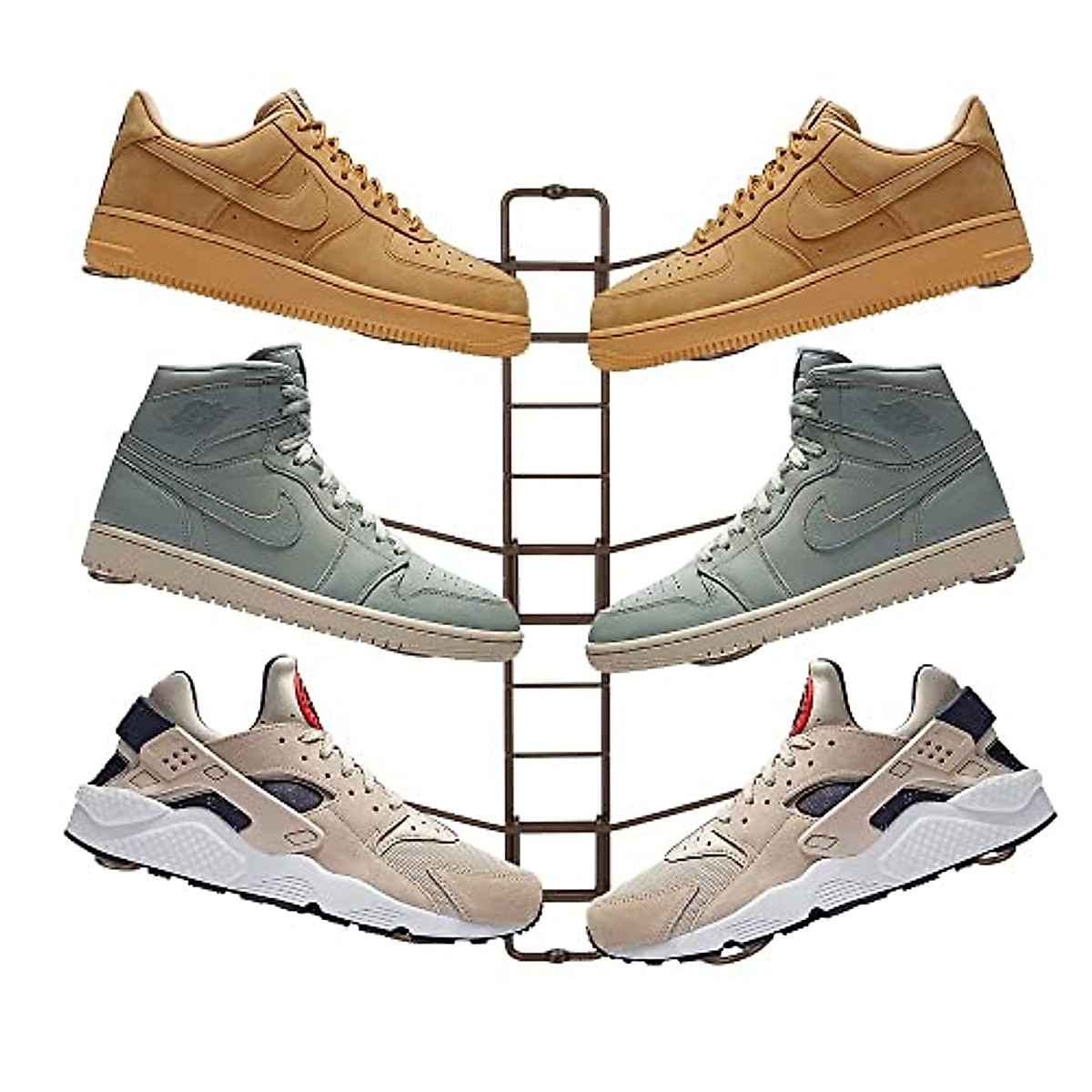 mDesign Modern Metal Shoe Organizer Display & Storage Shelf Rack - Adjustable Shelves Hang & Store Kicks, Running, Basketball, Tennis Shoes - 3 Tier, Each Wall Mount Unit Holds 6 Shoes, 2 Pack, Bronze