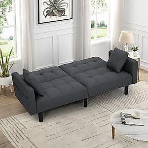 AVAWING Futon Sofa Bed, Modern Linen Fabric Convertible Upholstered Couch with Adjustable Back, Arms and High Strength Nylon Legs for Living Room, Apartment, Office (Grey)