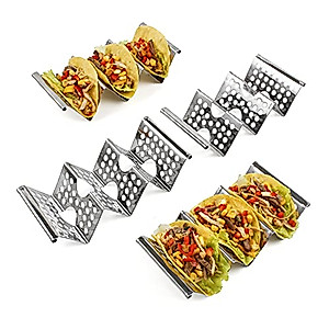 4 Pack Stainless Steel Taco Holders, Premium Taco Stands, Holds 2 Or 3 Tacos Each Taco Tray, Taco Rack With Easy-Access Handle, Food Grade Taco Plate Shells Oven & Grill Safe, BPA Free(Hollow)