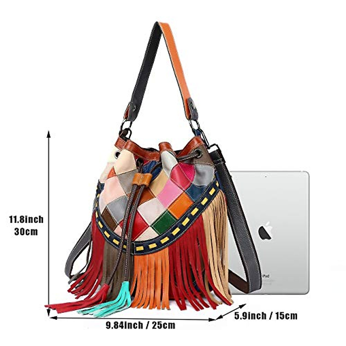Segater Women Large Multicolor Bucket Bag Genuine Leather Shoulder Bag Colorful Splicing Tote Handbag Purse Christmas Satchels