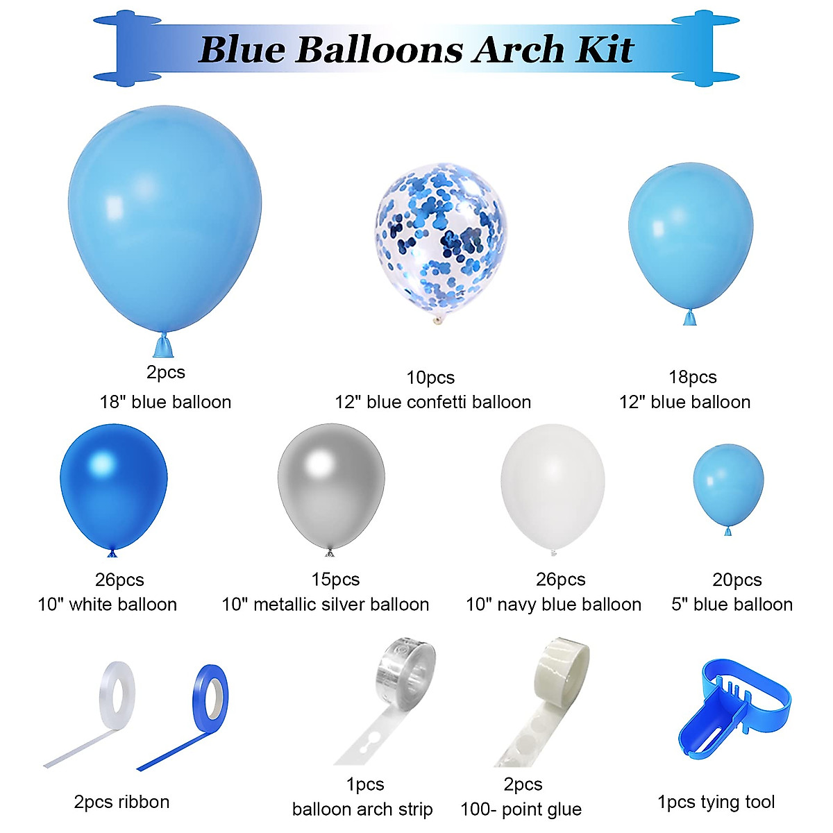 123Pcs Blue Balloons Garland Arch Kit, 18"12"10"5" Navy Blue Sliver Metallic White Confetti Balloons for Boys Birthday Party Ocean Theme Wedding Baby Shower Graduation Anniversary Background Supplies