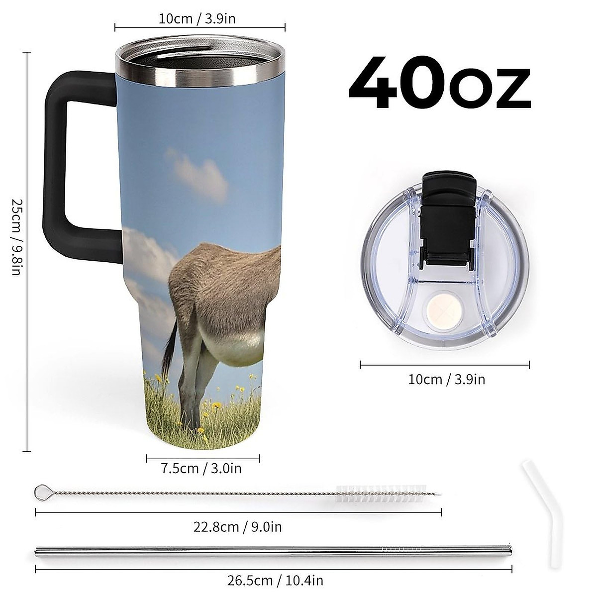 RTFGHJS 40 Oz Tumbler Donkey And Flower Insulated Tumbler Travel Coffee Mug with Straw Lid Stainless Steel Water Bottle Vacuum Insulated Tumbler for Sport Work Car Travel Weekends