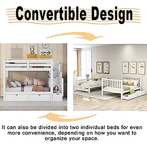 Full Over Full Bunk Bed with Shelves and 6 Storage Drawers, Solid Wooden Bunk Bed Frame with Storag Staircase, Safety Guardrail for Kids Teens Adults, No Box Spring Needed (White)