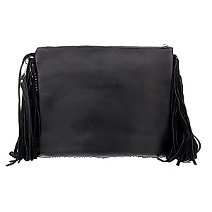 Daniela Fargion Black Leather Suede Fringe Pouch Clutch for womens