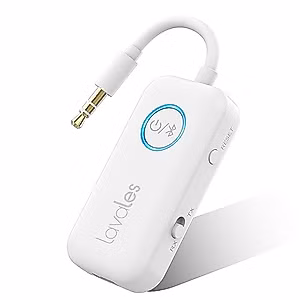 Lavales Wireless Bluetooth 5.3 Audio Transmitter Receiver Adapter for Airplane, Gym/TVs/Gaming Consoles/Car/PC/Home Stereo, 3.5 mm Jack, AptX Adaptive/Low Latency,Dual Paring,Rechargeable,HD Stereo