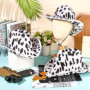 Zhanmai 12 Pcs Cowboy Hat and Bandana Cowboy Cowgirl Hats Bulk Western Party Costume Halloween Accessory(Milk Print)