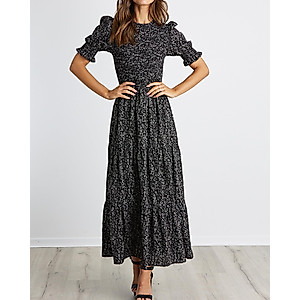 BTFBM Women Casual Summer Dresses 2025 Spring Crew Neck Ruffle Short Sleeve Floral Print Smocked Boho Flowy Maxi Dress(Floral Black White, Large)
