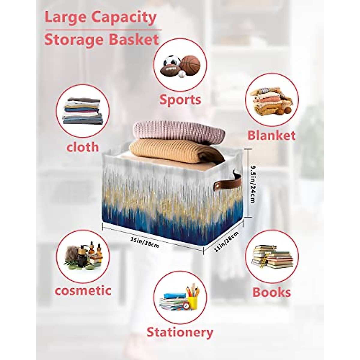 Storage Bins Large Storage Cubes 15x11x9.6 inch Abstract Blue and Golden Pattern Foldable Storage Basket for Shelves for Organizing Closet Shelf Nursery Toy