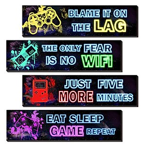SHLINCO Neon Gaming Wall ArtDecor Set of 4 - Game Themed Art Print Room Wall Decoration, Gamer Room Decor for Kids, Boys, Neon Gaming Wall Decor for Playroom and Game Room