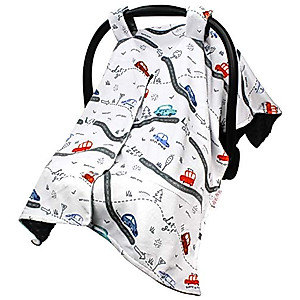 Baby Car Seat Canopy Cover - Road Trip with Grey Minky Dot