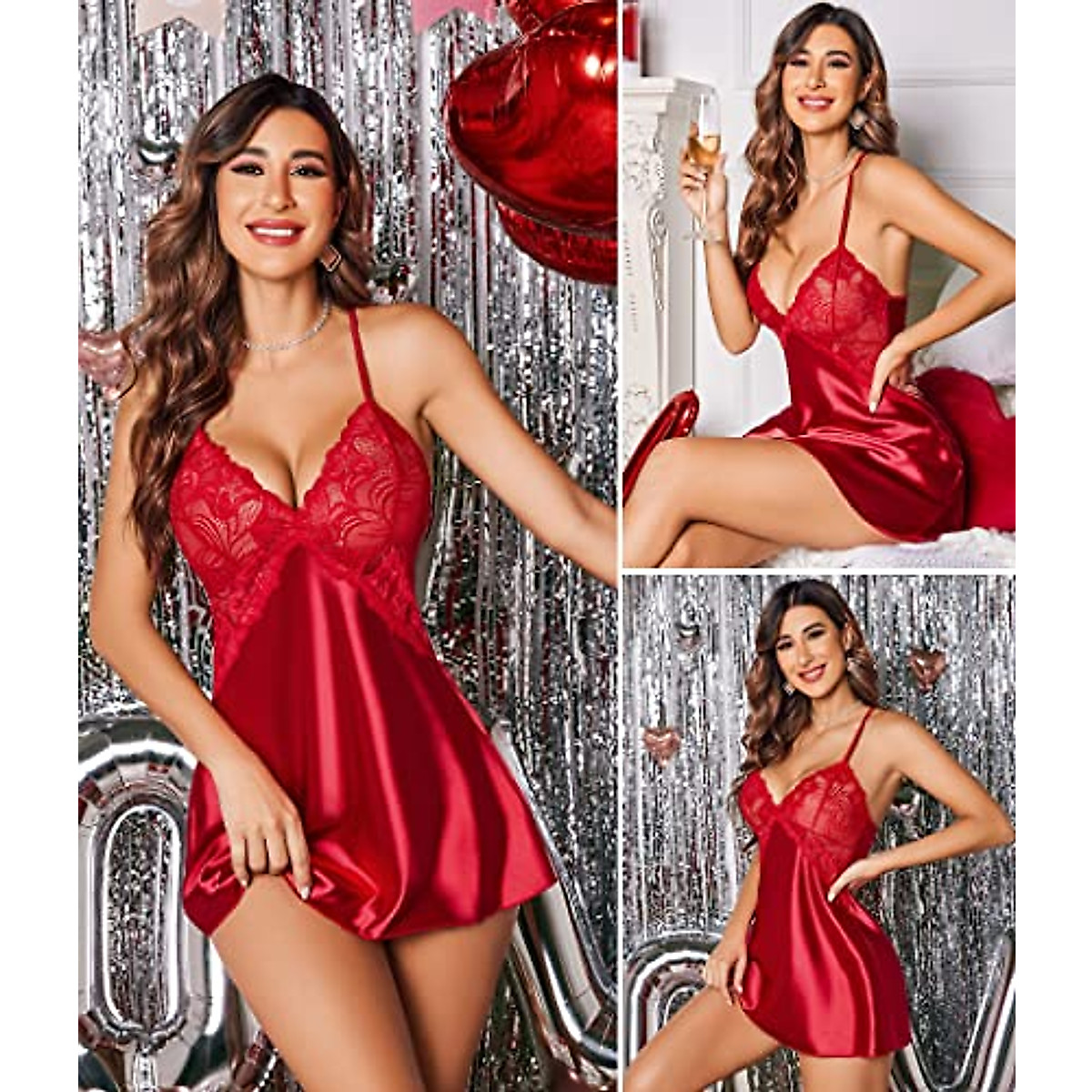 Avidlove Women Bridal Robe Satin Nightgown Sexy Lingerie Lace Lingerie Set Sexy Babydoll V Neck Sleepwear Strap Chemise A Red