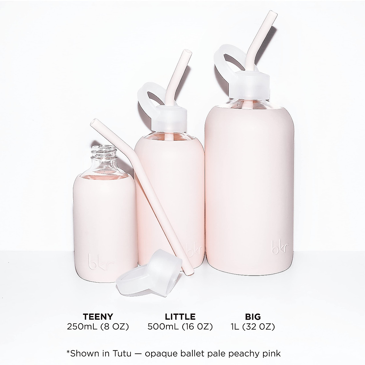 bkr Little Tutu Sip Kit Bundle - 16 oz/500ml Smooth Glass Water Bottle with Removable Silicone Sleeve and Carrying Loop + Set of 3 Soft Silicone Angled Straws + Straw Cap - Ballet Pale Peachy Pink