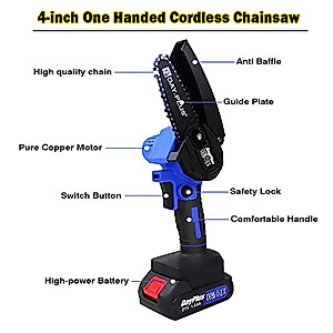 Mini Chainsaw Cordless Electric Chain Saw, Pruning Shears Saw, Portable & Lightweight & 4" One-Hand Handheld for Garden Tree Branch Trimming Wood Cutting(1 Battery, 2 Chains, 1 Charger)
