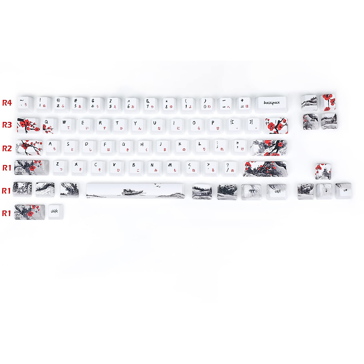 MOLGRIA Keycaps 71 Set for Gaming Mechanical Keyboard, Custom PBT OEM Profile Key caps Japanese Font with Keycap Puller for Cherry MX 71/61 60 Percent Keyboard(Plum Blossom)