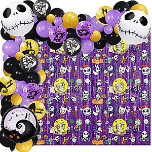 128Pcs Christmas Nightmare Balloons Arch Garland Kit，Assorted Latex Balloons Foil Balloons and Tinsel Foil Fringe Curtains for Halloween Christmas Nightmare Birthday Party Decorations