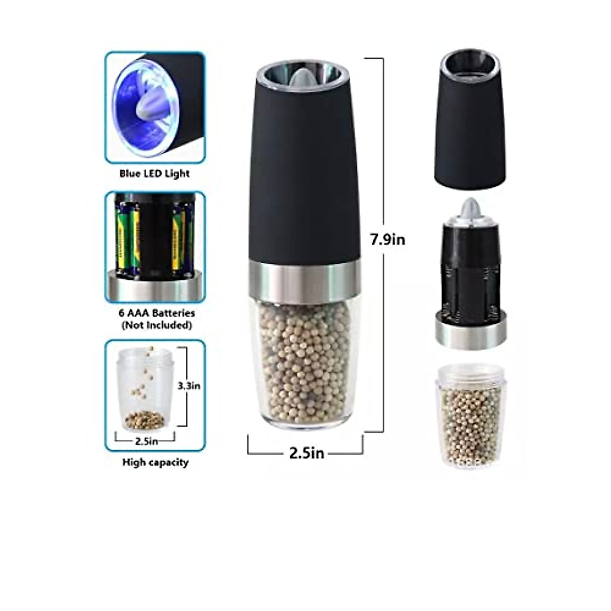 Gravity Electric Salt and Pepper Grinder Set, Battery operated, Stainless Steel, Adjustable Coarseness, LED light, One Hand Automatic Operation, 2 pack