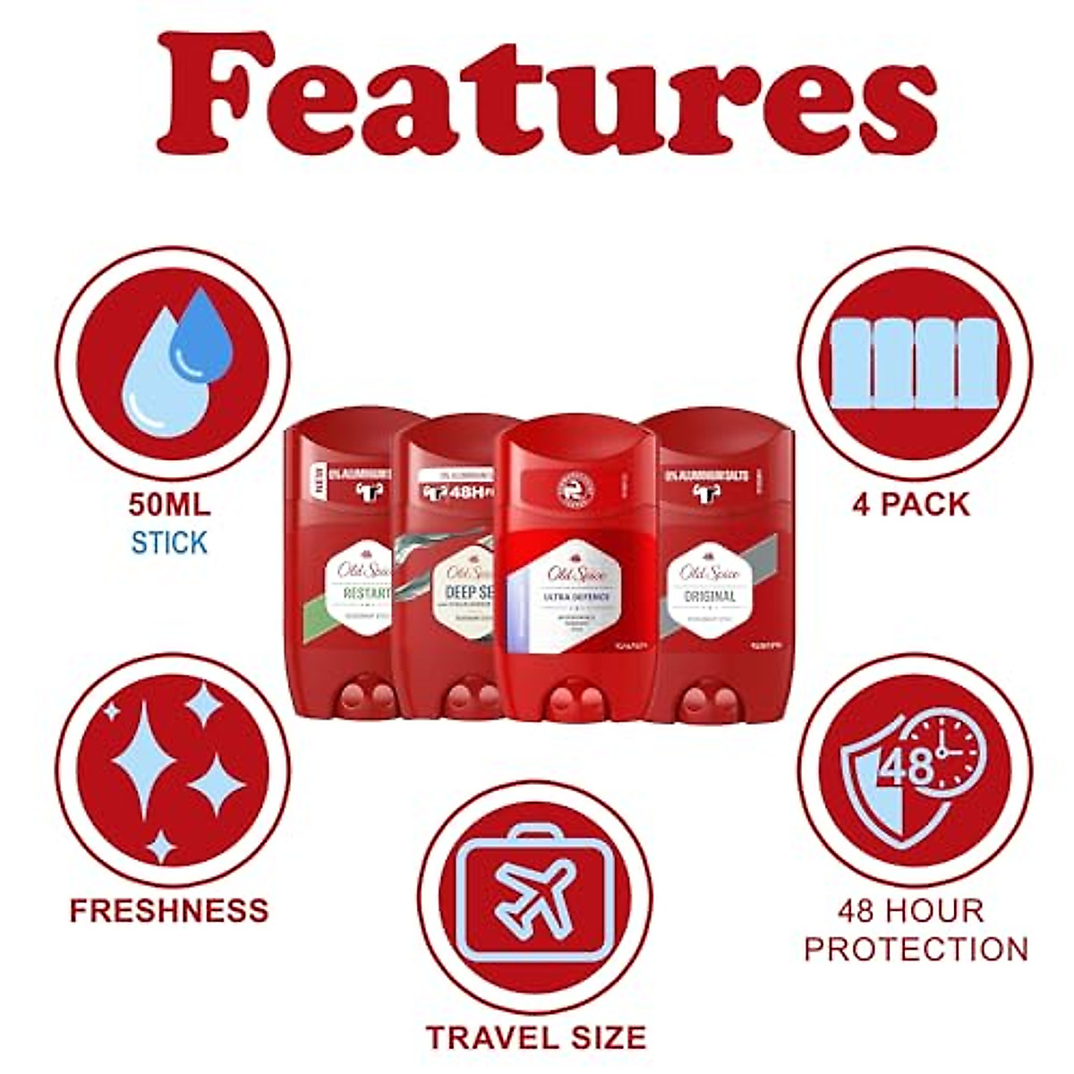 Spice Men's Variety Deodorant Stick, 4 Pack, Invisible Solid Deodorant Stick, Assorted Scents, Deep Sea, Restart, Ultra Defense, and Original, 1.69 Oz. Each