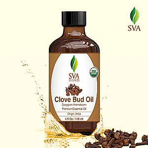 SVA Clove Bud Essential Oil Organic – 4 Fl Oz – 100% Natural Organic Clove Oil - for Diffuser, Hair Care, Face, Skin Care, Aromatherapy, Scalp and Body Massage, Soap and Candle Making - with Dropper