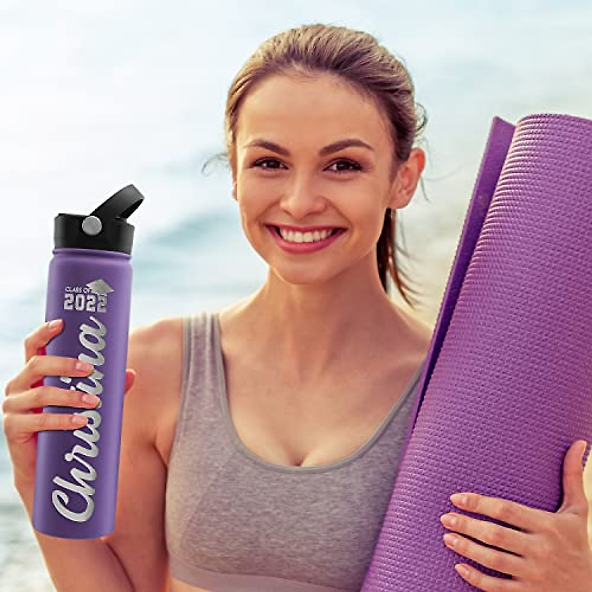 Graduation Gifts - Personalized Water Bottle w Straw Lid, Custom 6 Designs Water Bottle w Name | 24 oz - Purple | Double Wall, Vacuum Insulated, Class of 2023, High School, College Gifts