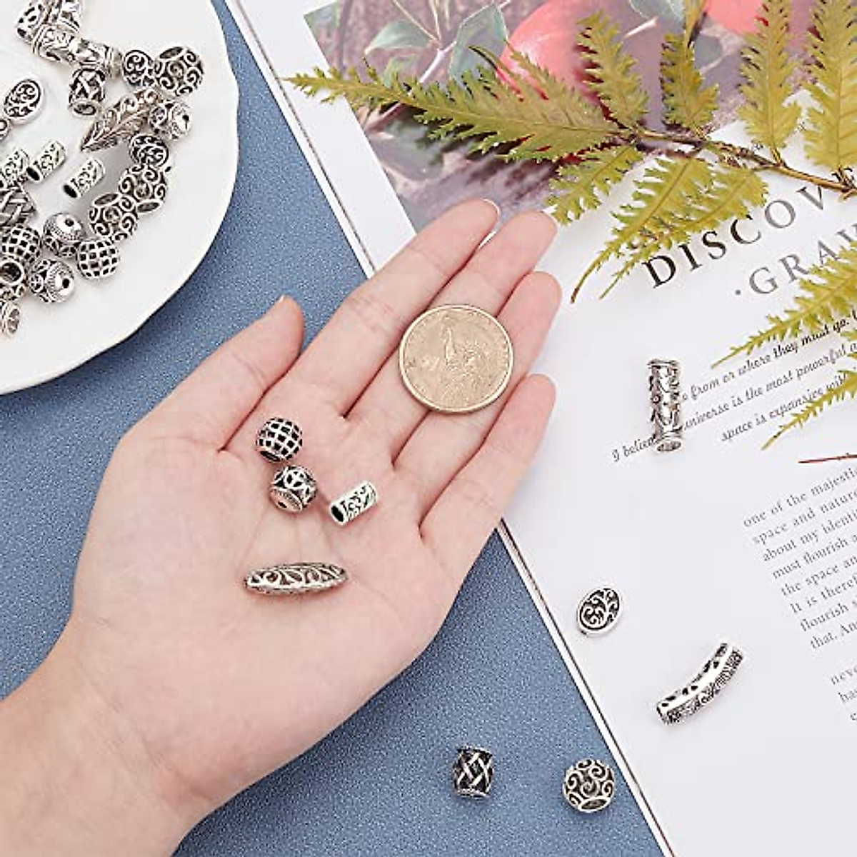 SUNNYCLUE 1 Box 40Pcs 10 Styles Tibetan Hollow Tube Bead Alloy Antique Silver Curved Noodle Loose Bead Long Spacers Large Hole for Jewelry Making Necklace Bracelet Craft Findings
