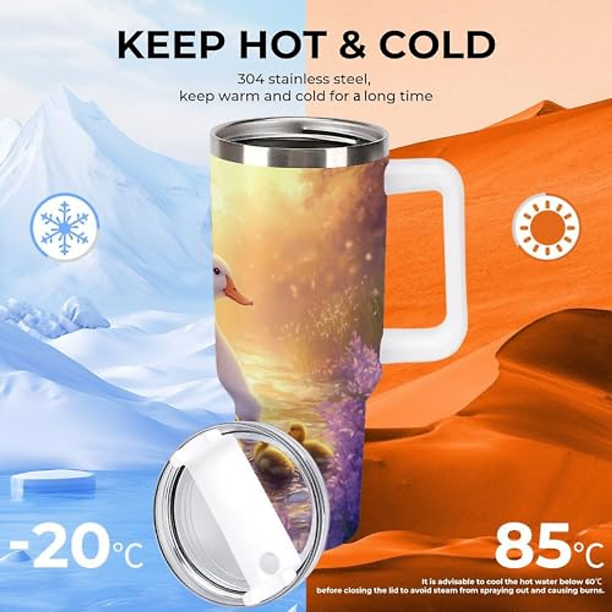 Duck Flowers Tumbler with Handle Travel Mug Water Bottle Tea Coffee Cup White-style