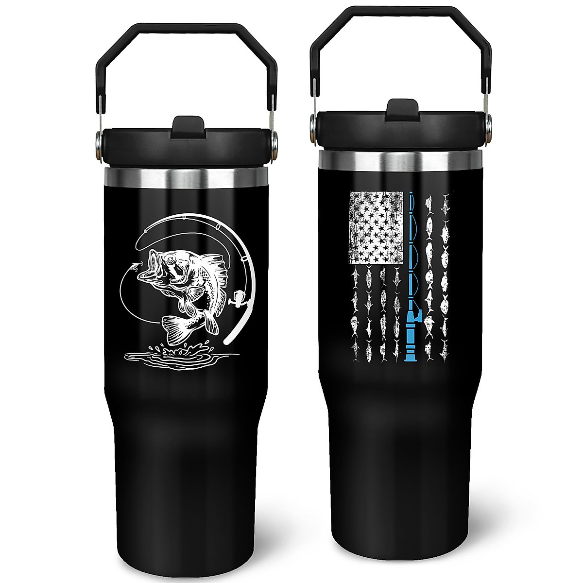 Fishing Gifts for Men 30 oz Fishing Tumbler with Handle and Straw American Flag Stainless Steel Insulated Cups Mug Father's Day, Christmas and Birthday Gifts for Dad Grandpa Men