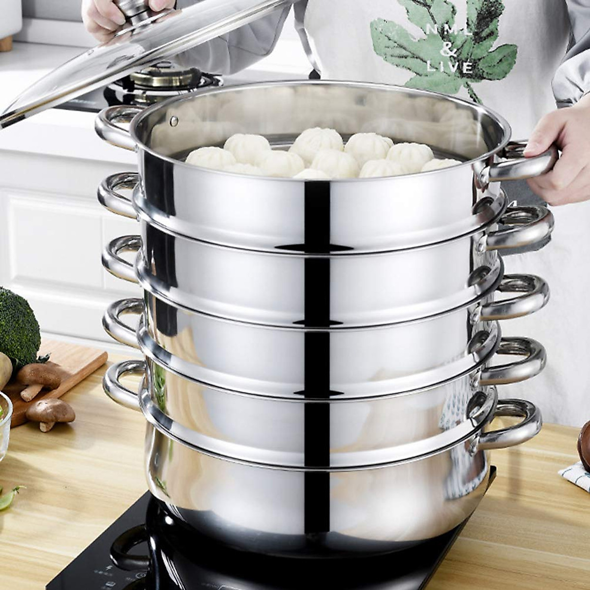 Luxshiny Steamer Pot Stainless Steel Steamer Pot, 5 Tier Stockpot Steaming Cookware Vegetable Dumpling Steaming Pot for Home Kitchen (28CM) Cooking Pot