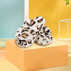 ISZPLUSH Girl's Fluffy Slippers Kids' Fuzzy Slippers Slide Sandals Leopard Tie Dye Cross Band Plush Open Toe Slip on House Bedroom Slippers (12.5-13.5 Little Kids, White Leopard, numeric_12_point_5)