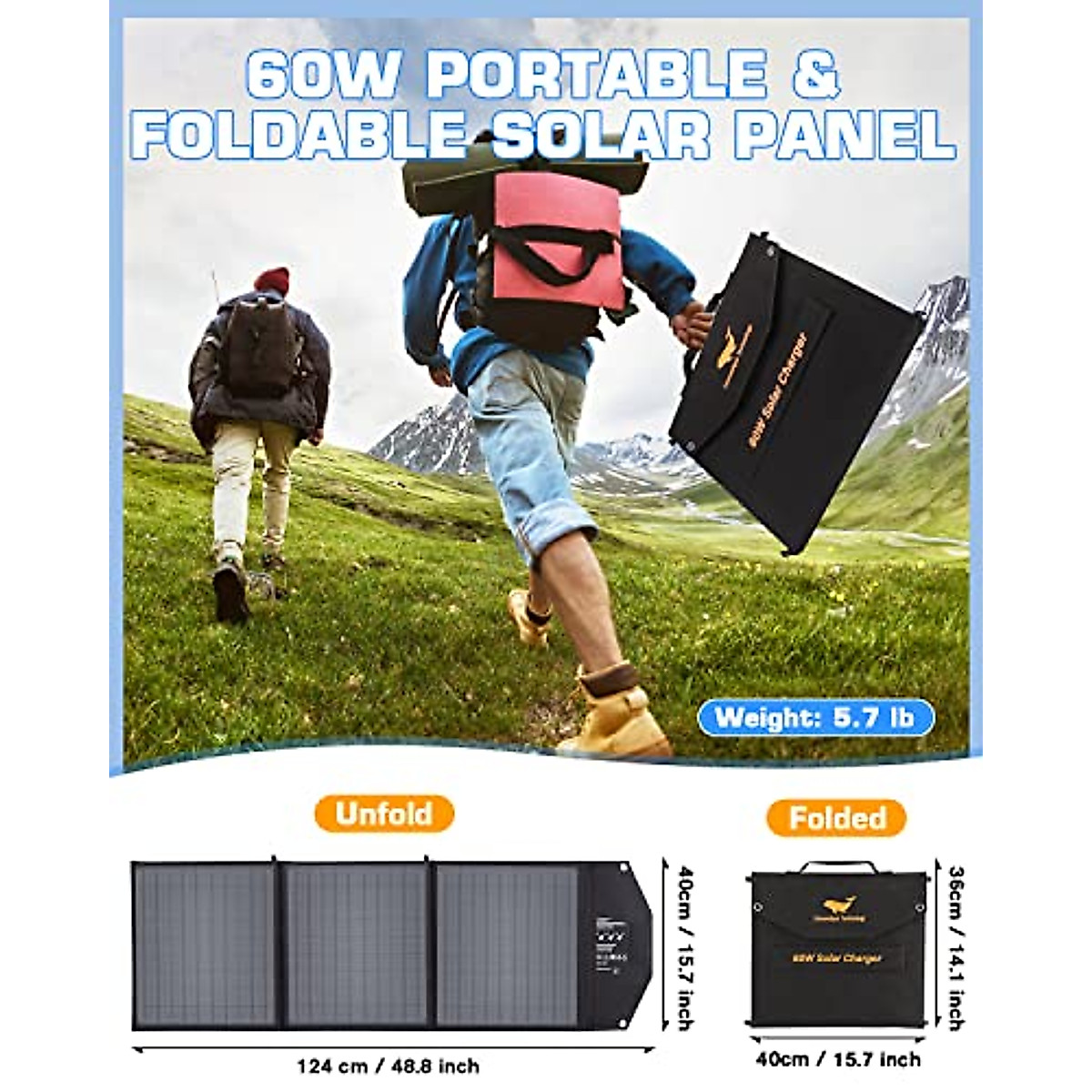 Ecosonique Foldable Solar Panel 60W with Adjustable Kickstand, Portable Solar Panel for Power Station, 18V Folding Solar Charge with 2 USB Outputs for RV Laptops Solar Generator Van Camping Off-Grid