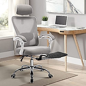 ACCHAR Ergonomic Office Chair, Reclining Mesh Chair, Computer Desk Chair, Swivel Rolling Home Task Chair with Padded Armrests, Adjustable Lumbar Support and Headrest (Grey with Footrest)