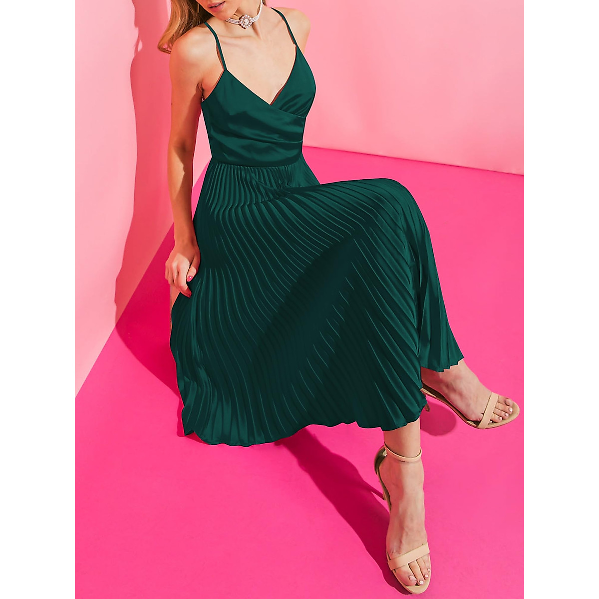 ZAFUL Womens Satin Sexy Backless Wrap V Neck Sleeveless Spaghetti Strap Pleated Flowy Party Midi Dress