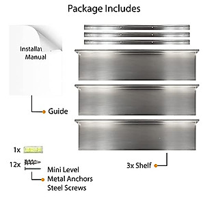 Wallniture Plat Stainless Steel Floating Shelves for Wall, 30.75" Metal Wall Shelves for Restaurant, Bar, Cafe, Kitchen Organization and Storage, Silver Set of 3